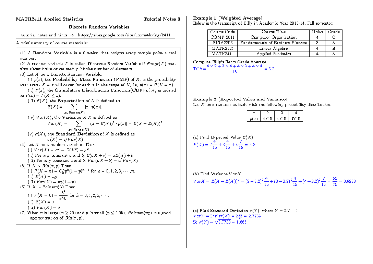 MATH2411 T03 Discrete Random Variables Tutorial Notes & Hints - Studocu