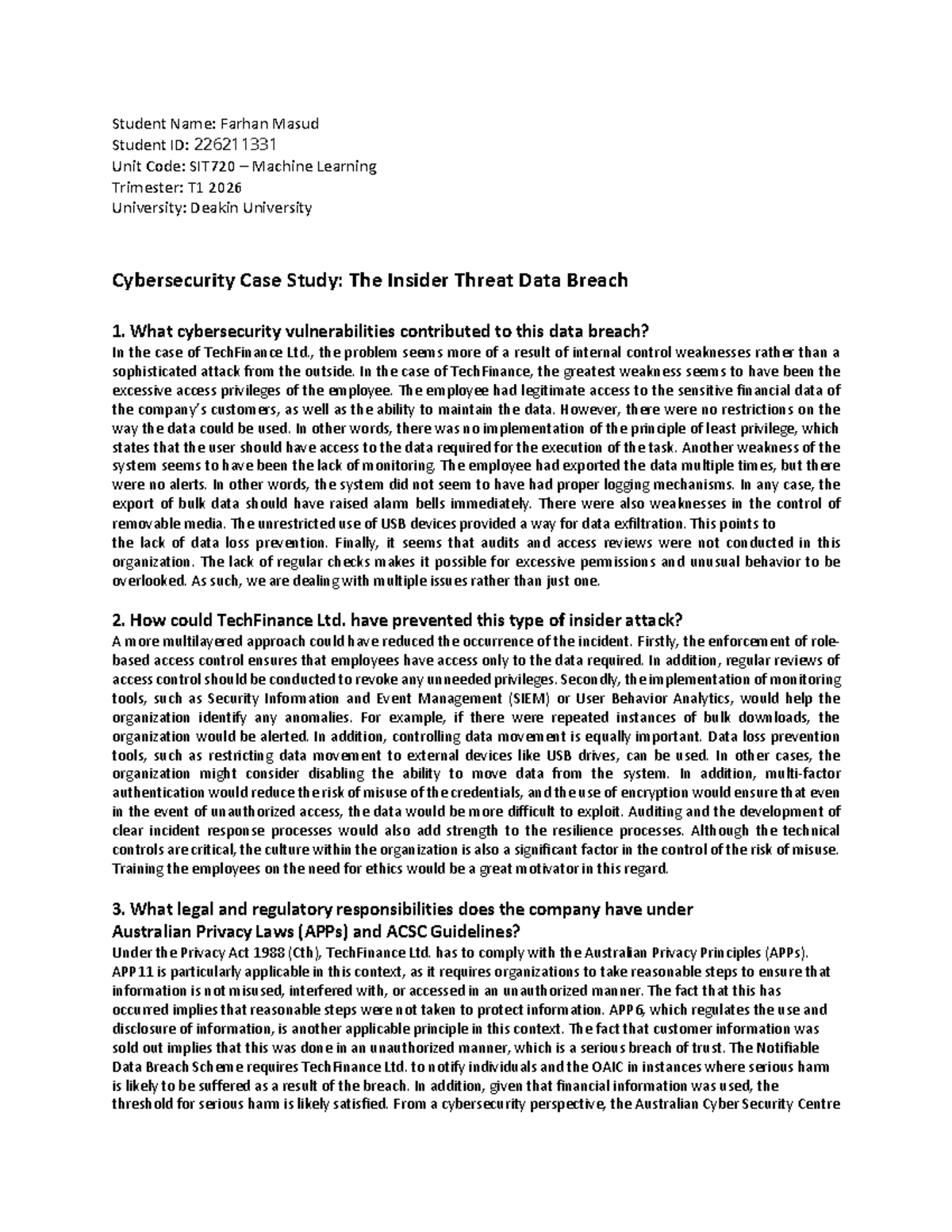 SIT720 Cybersecurity Case Study: Insider Threats & Prevention ...