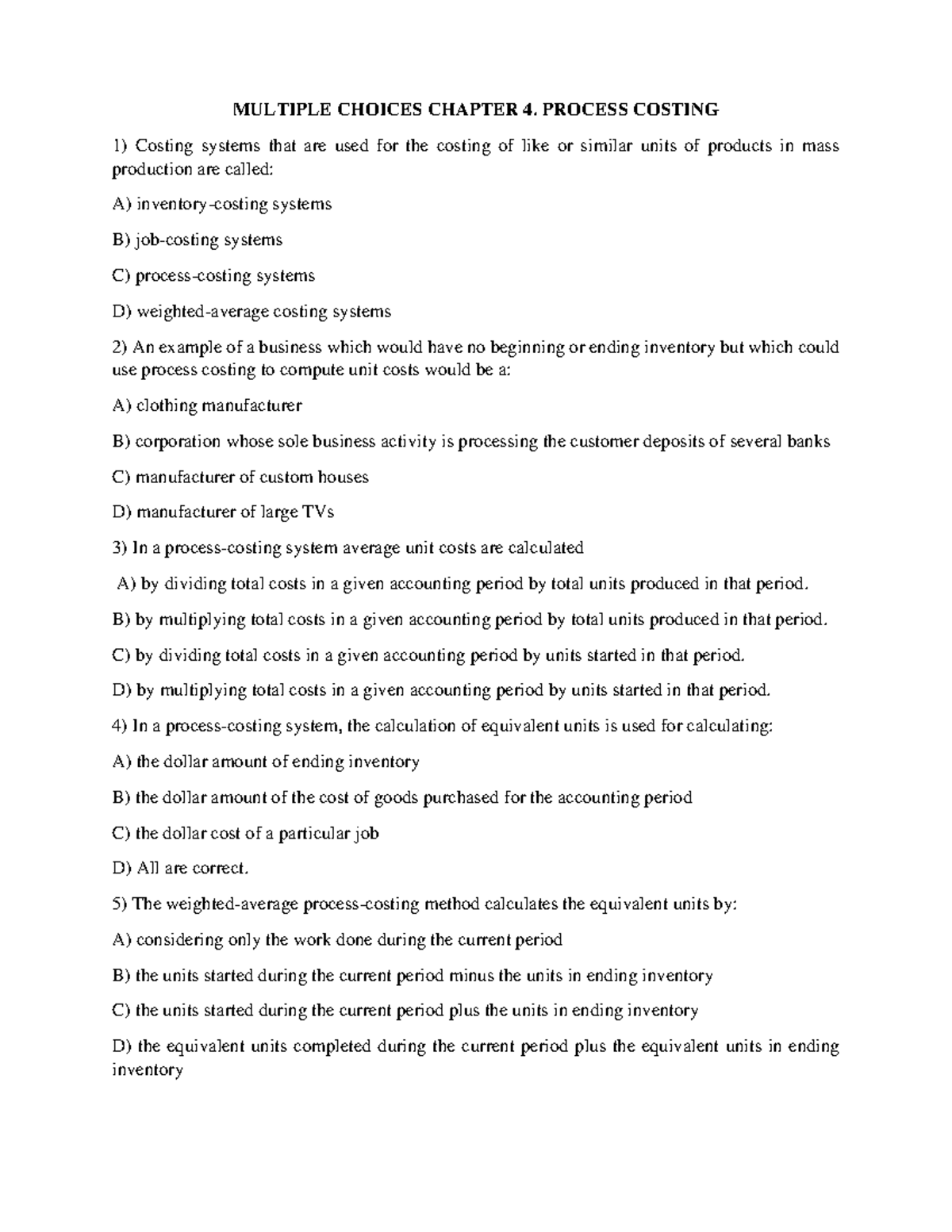 Chapter 4: Process Costing - Multiple Choice Questions - Studocu
