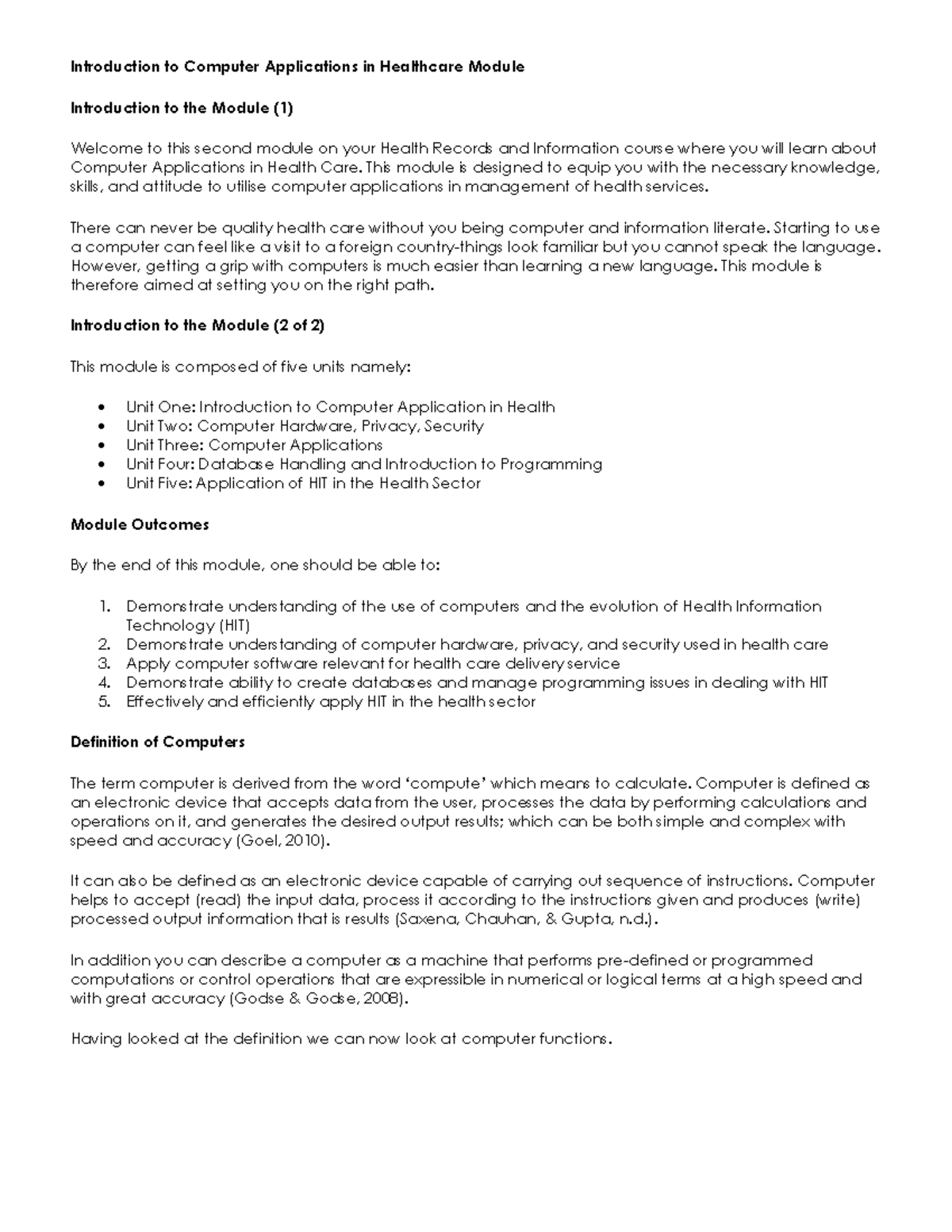 Introduction to Computer Applications in Healthcare: Module Overview ...