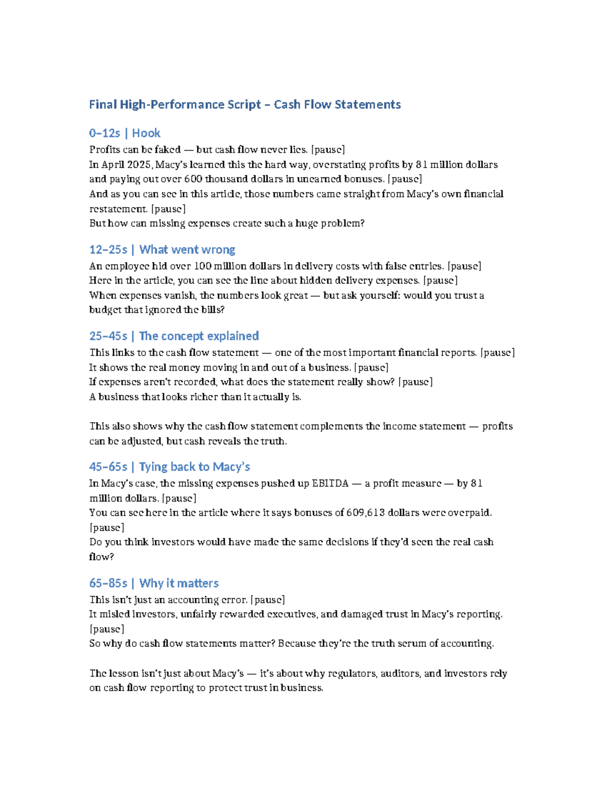 Final Script: Cash Flow Statements & the Truth Behind Profits - Studocu