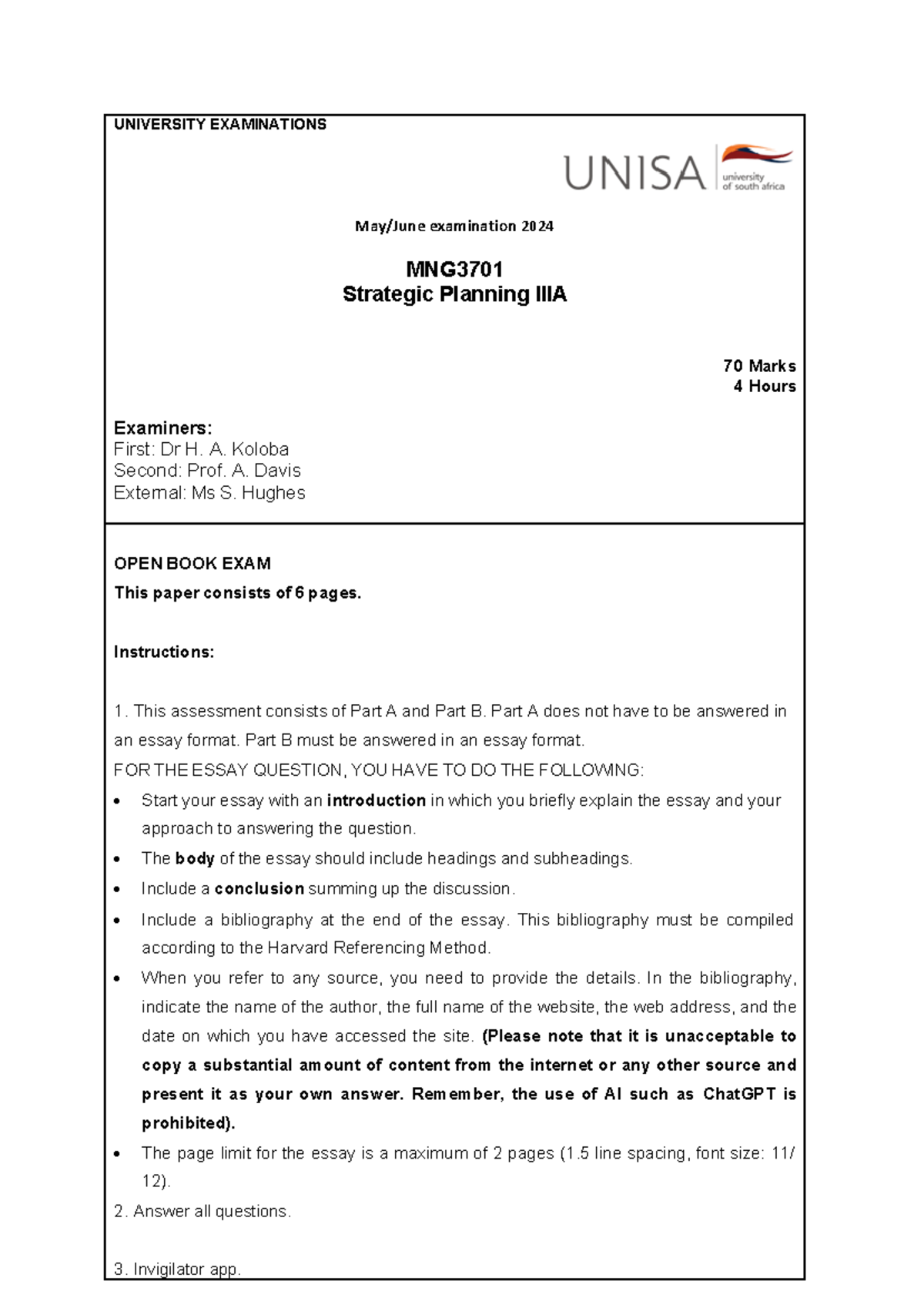 MNG Strategic Planning IIIA May/June 2024 Exam Paper Guide - Studocu