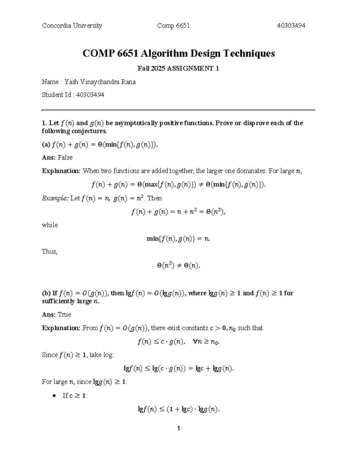 COMP 6651 Algorithm Design Techniques Fall 2025 Assignment 1 Solutions - Studocu