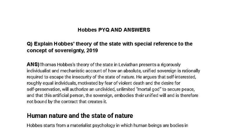 Hobbes PYQ: Theory of the State & Sovereignty Explained (2019) - Studocu