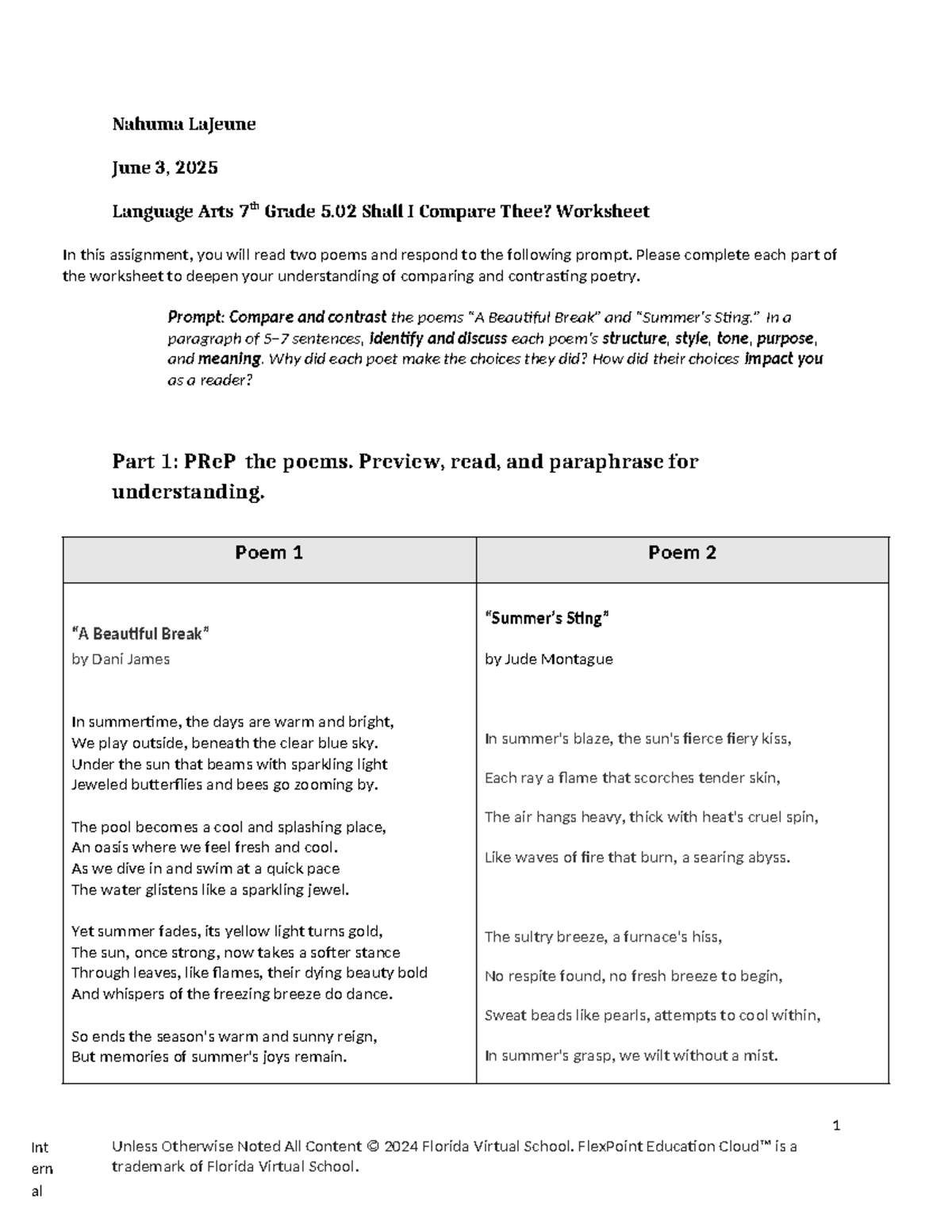Language Arts 7 - 5.02 Shall I Compare Thee? Poetry Analysis Worksheet ...