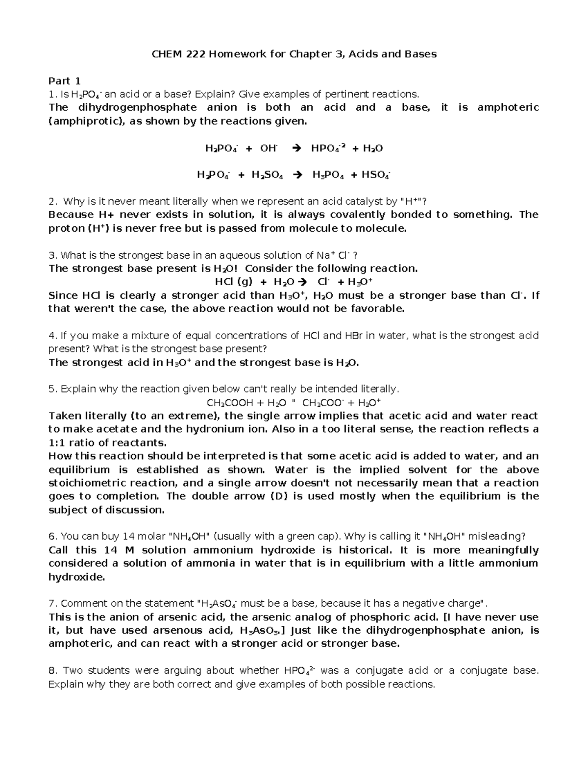 CHEM 222 Chapter 3 Homework Solutions: Acids and Bases F21 - Studocu