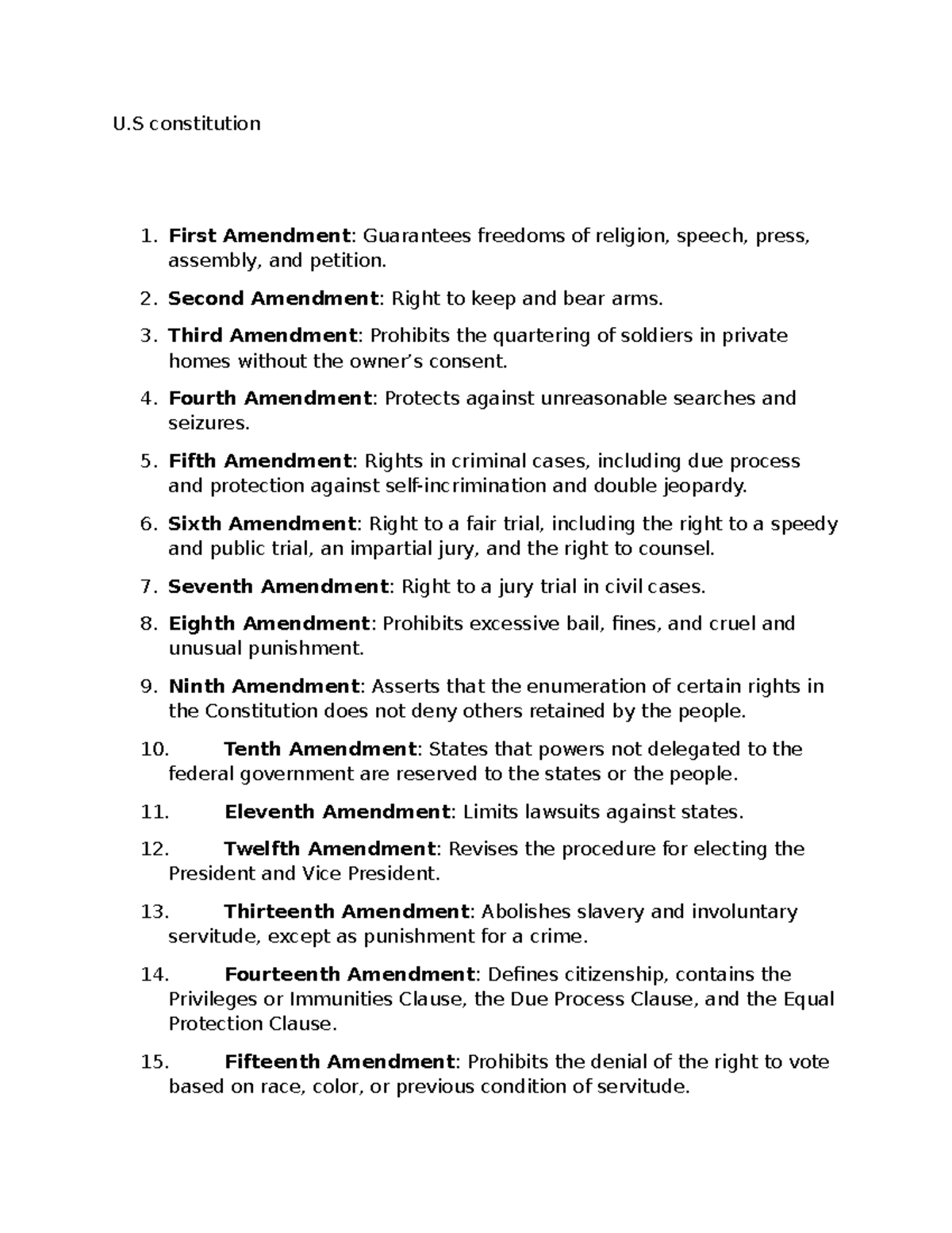 U.S. Constitution Amendments Overview: Key Rights & Protections - Studocu
