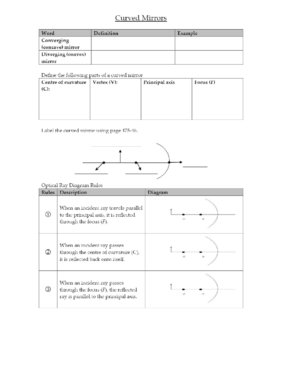 Curved Mirrors Worksheet: Geometry and Reflection Principles - Studocu
