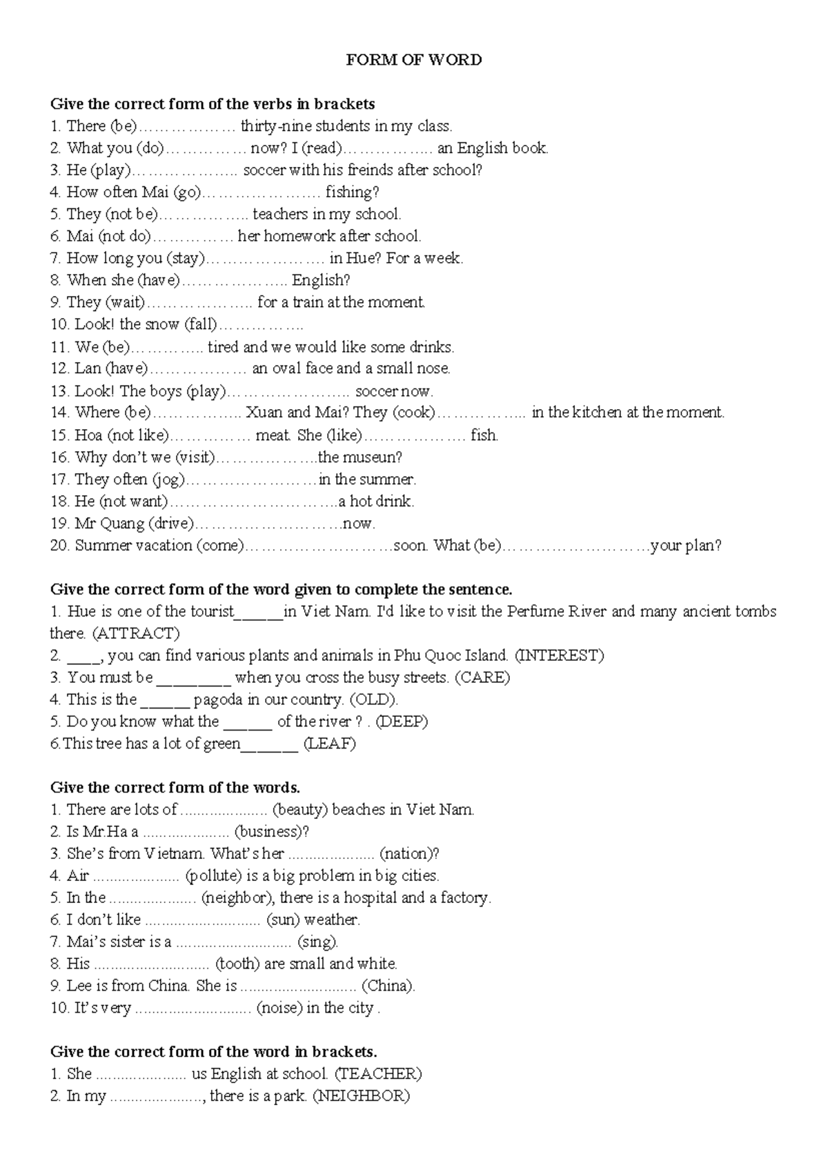 FORM OF WORD - Verb and Noun Form Exercises for English Class - Studocu