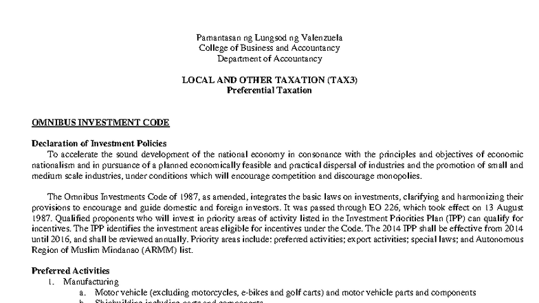 Preferential Taxation Overview and Policies (TAX3) - Studocu