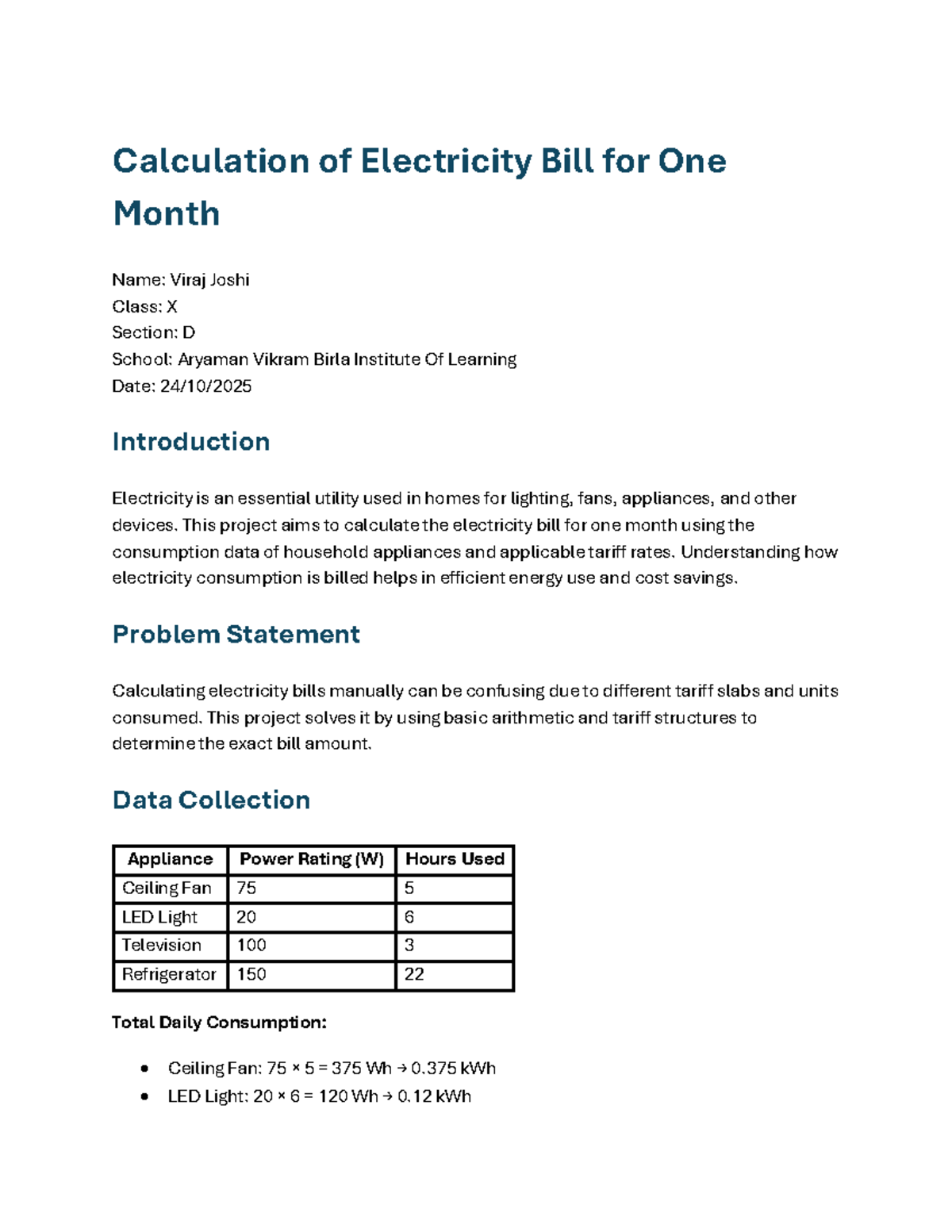 Electricity Bill Calculation Project For Class X Section D Studocu
