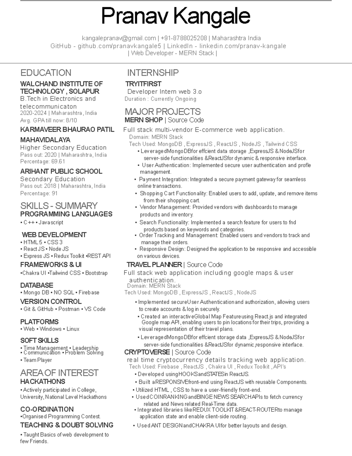 Updated Resume of Pranav Kangale - Web Developer (July 2023) - Studocu