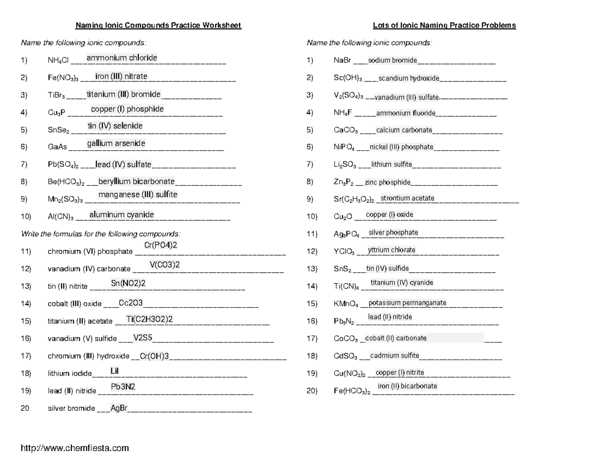 Naming Ionic Compounds Practice Worksheet - Na 2 CO 3 ...