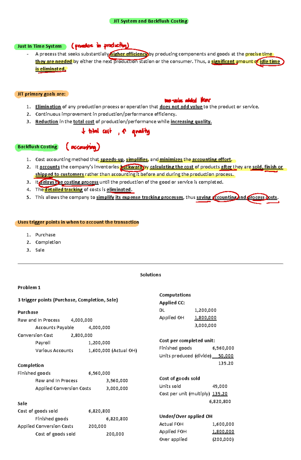 JIT System & Backflush Costing Notes (Final Exam) - Studocu