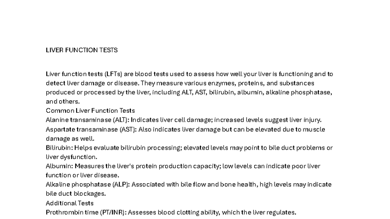 LFTs: Understanding Liver Function Tests and Their Importance - Studocu