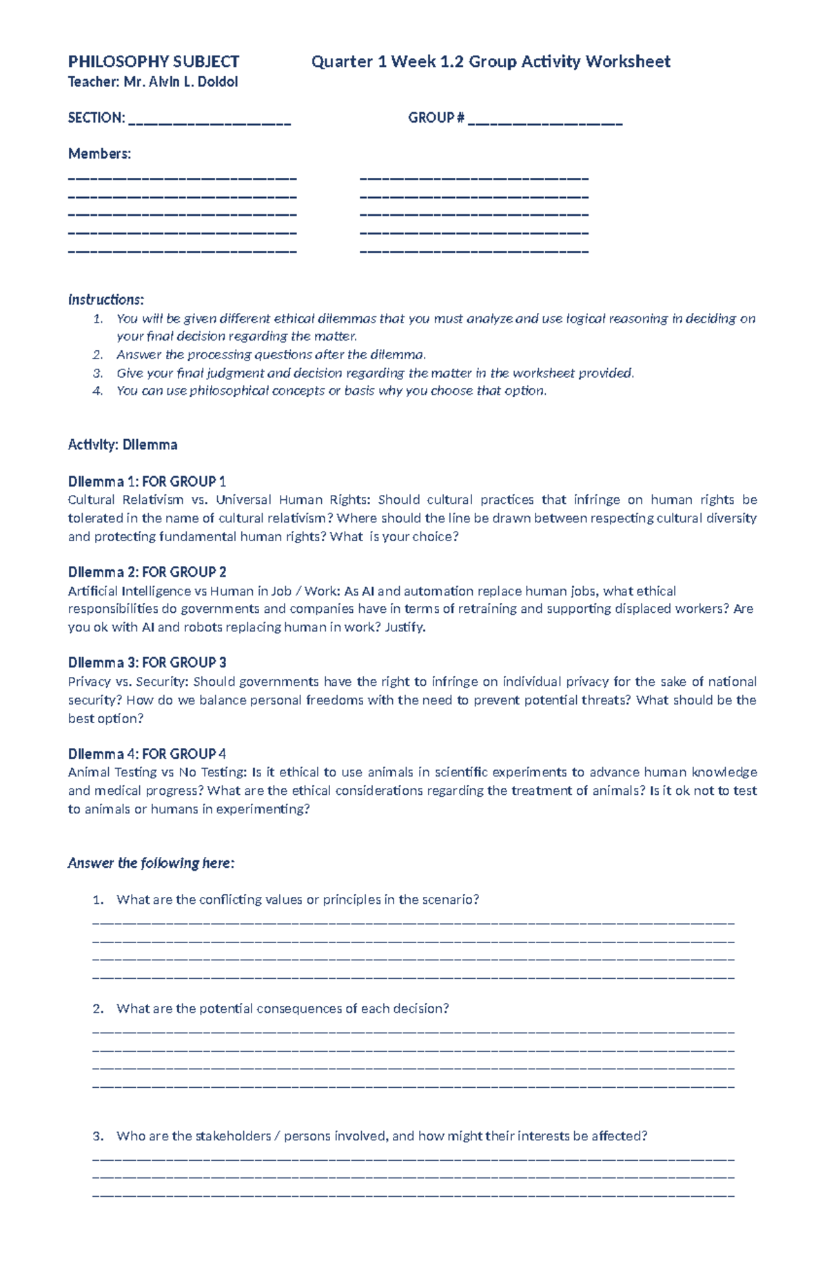 PHIL 101 Q1 Week 1 Group Activity Worksheet: Ethical Dilemmas Analysis ...