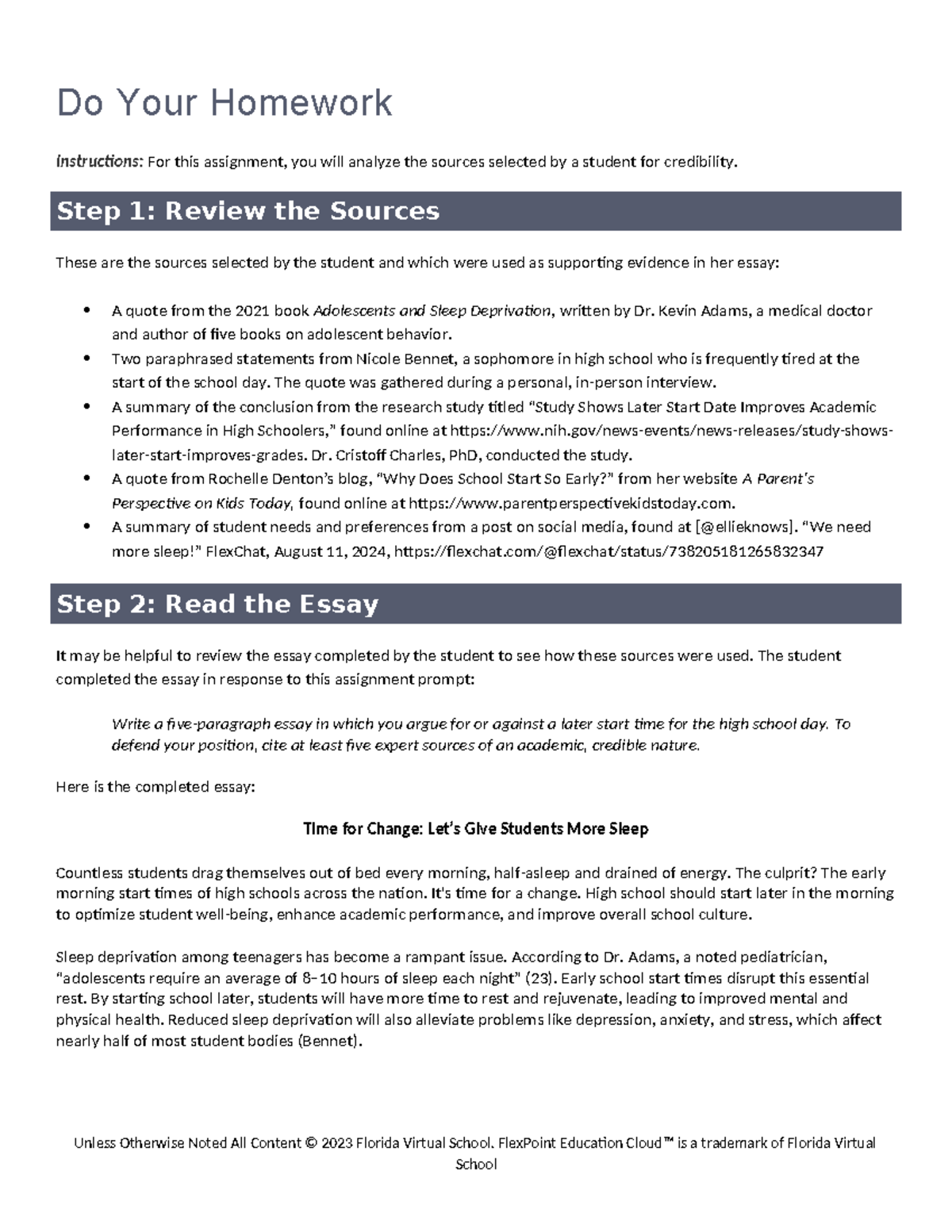 Analyzing Source Credibility for Essay on Later High School Start Times ...
