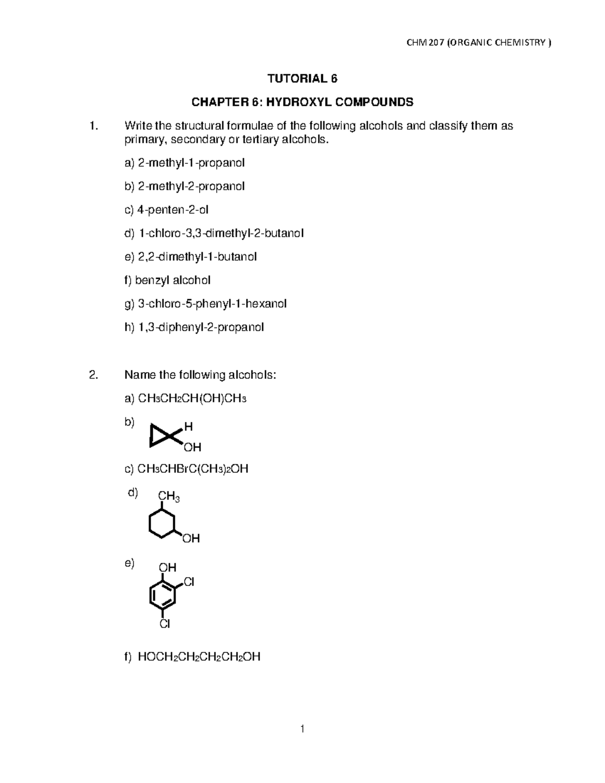 CHM207 Organic Chemistry Tutorial 6: Hydroxyl Compounds & Alcohols ...