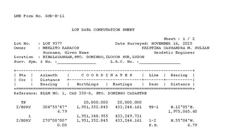 LMB Form No. LOT DATA COMPUTATION SHEET - Example from AutoCAD - Studocu