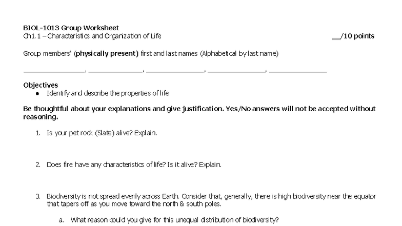 BIOL-1013 Group Worksheet: Ch1 Characteristics & Organization of Life ...