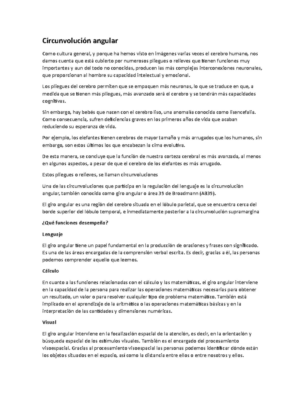 Funciones y Características de la Circunvolución Angular (AB39) - Studocu
