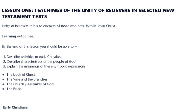 LESSON ONE: UNITY OF BELIEVERS IN NEW TESTAMENT TEXTS - Studocu