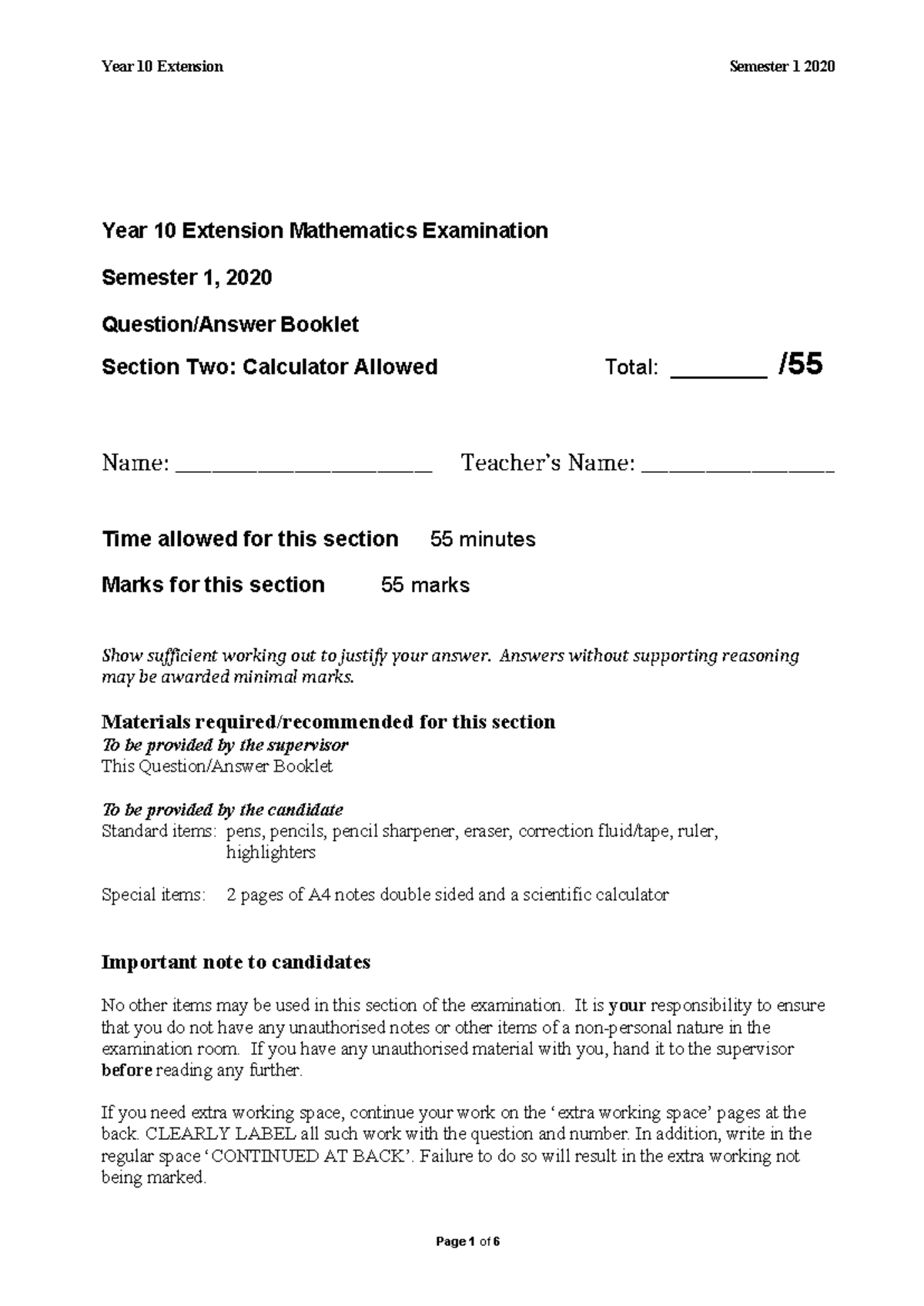 Year 10 Extension Mathematics Exam Sem 1, 2020 - Calculator Allowed ...