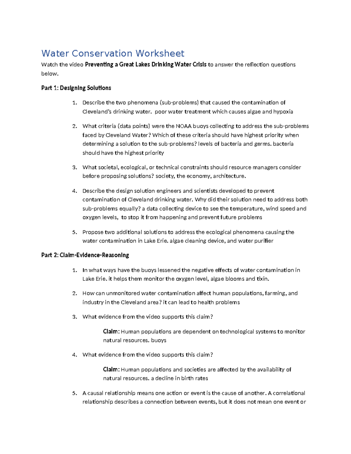 Water Conservation Worksheet: Addressing Cleveland's Water Crisis - Studocu