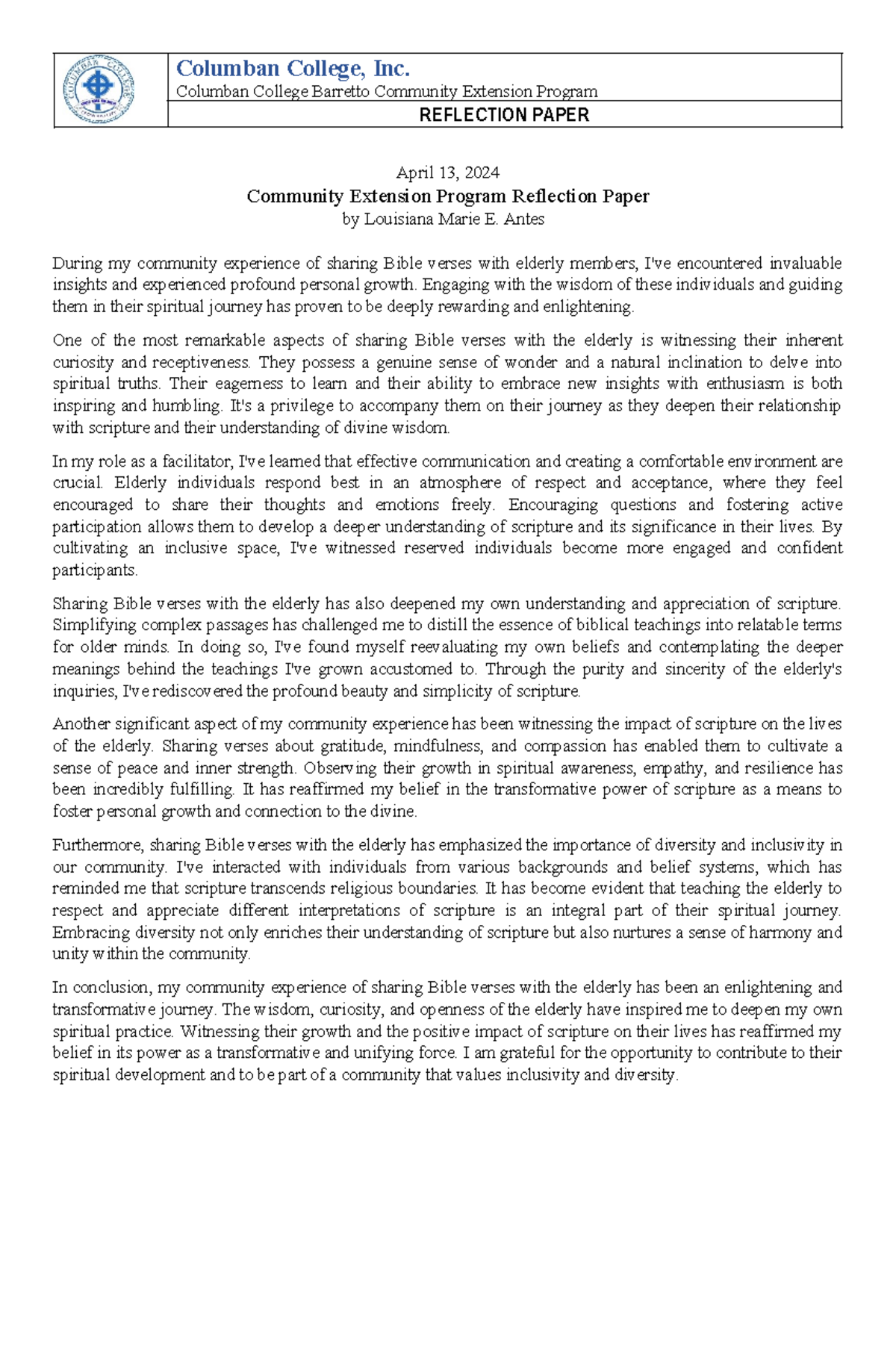 Columban College, Inc. Community Extension Program Reflection Paper ...