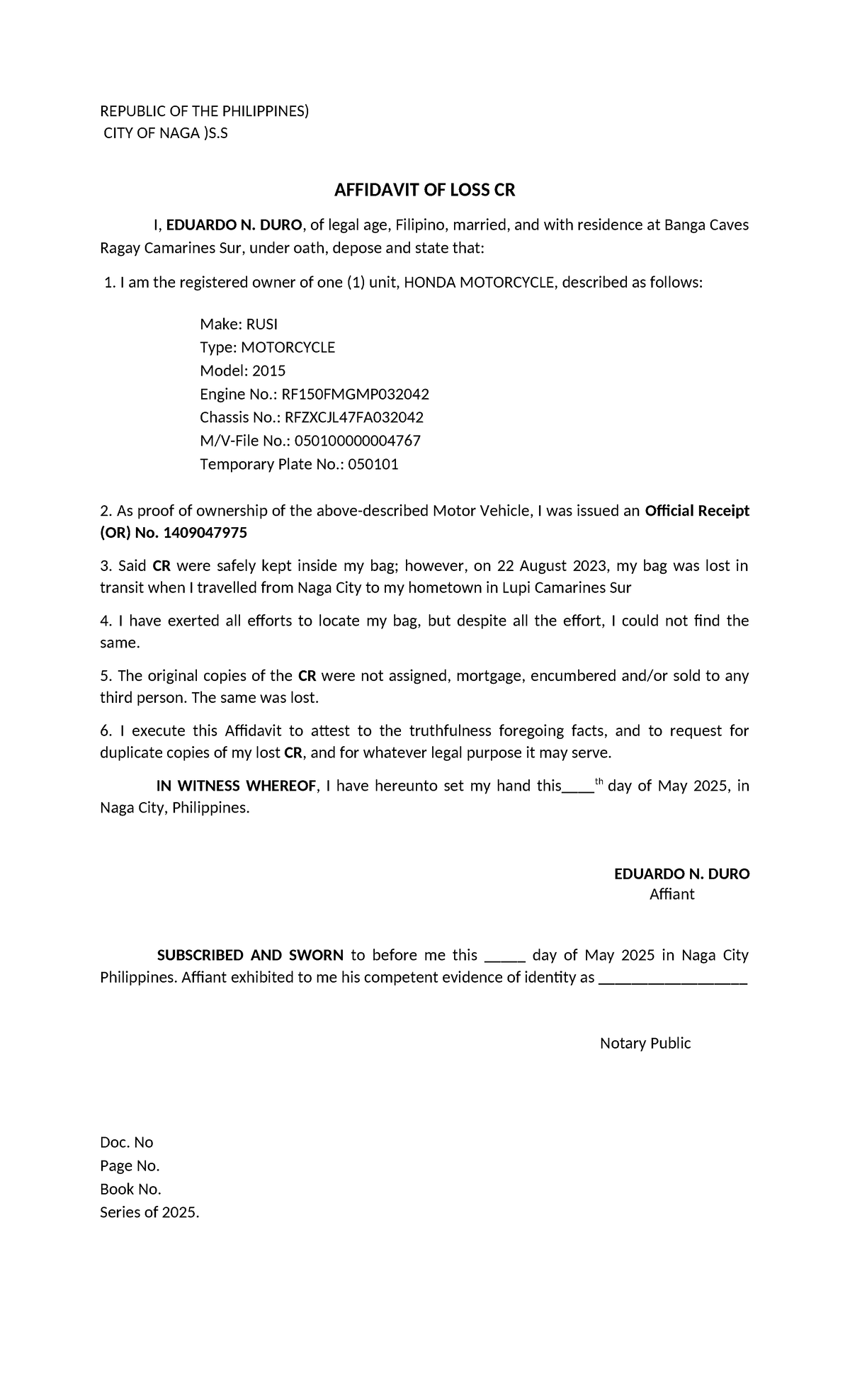 Affidavit of Loss for Motorcycle CR - Eduardo N. Duro - Studocu