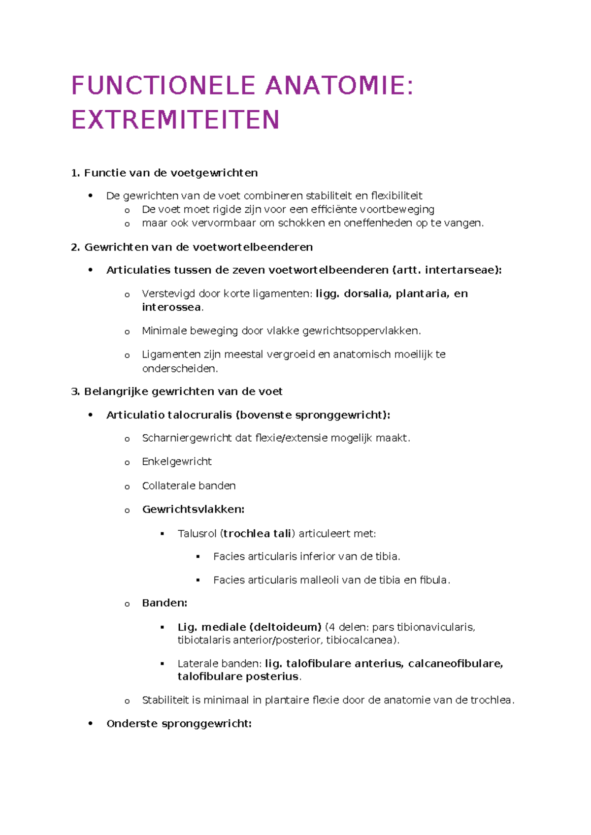 FUNCTIONELE ANATOMIE: ARTHROLOGIE VAN DE VOET EN ENKEL - Studocu