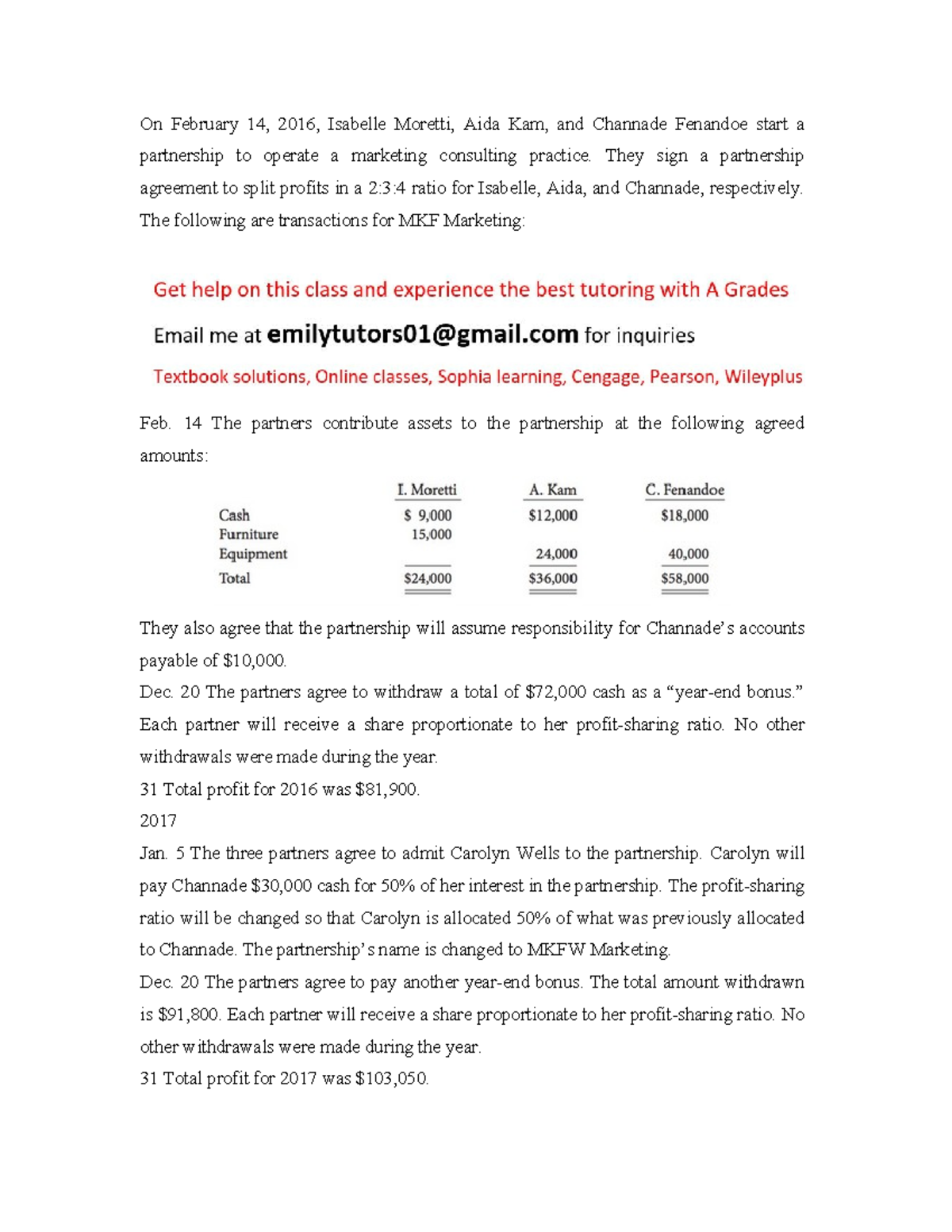 Partnership Transactions and Equity Statement for MKF Marketing (2016 ...