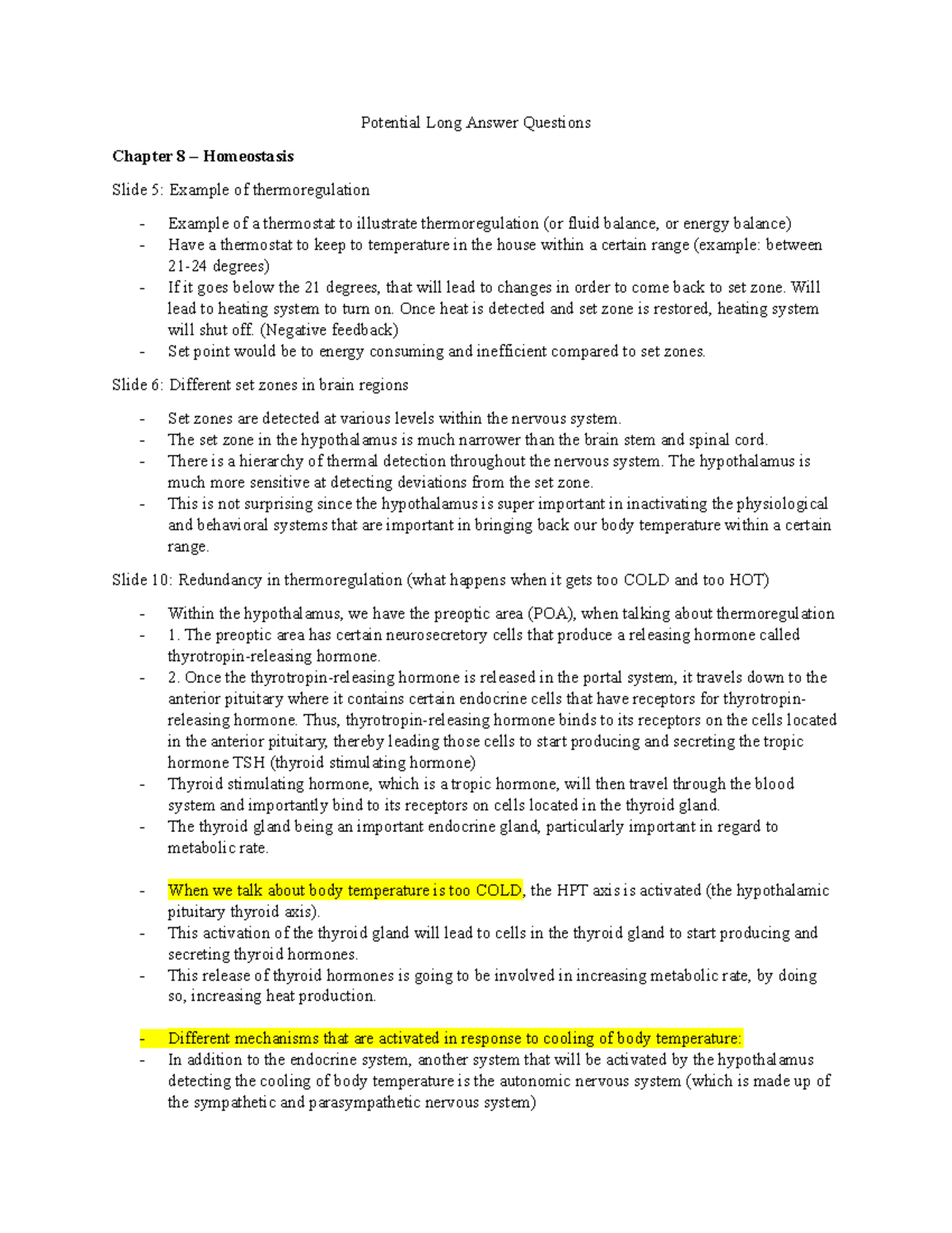 Potential Long Answer Questions for BSC 101: Homeostasis & Sleep - Studocu