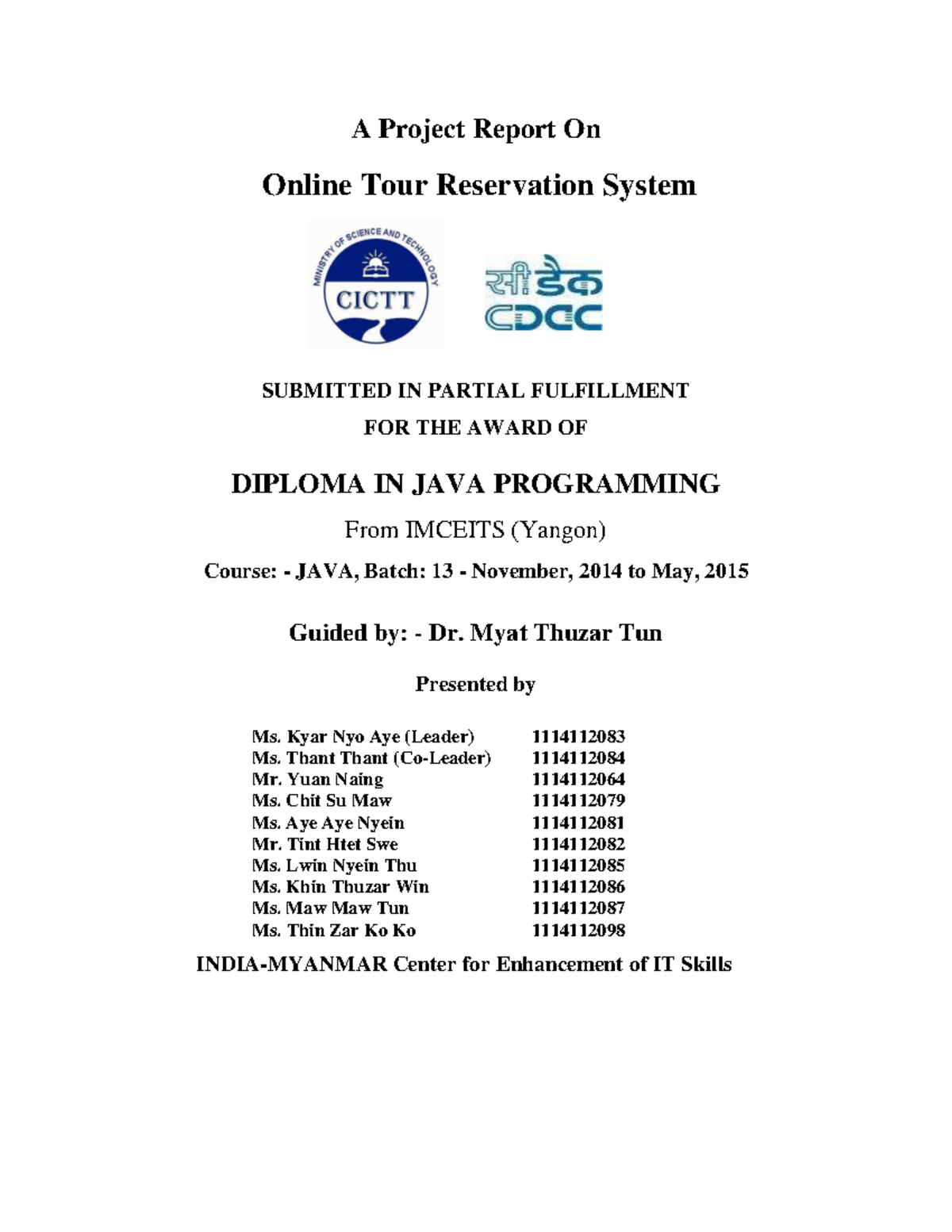 Project Report on Online Tour Reservation System (JAVA-DIPLOMA) - Studocu