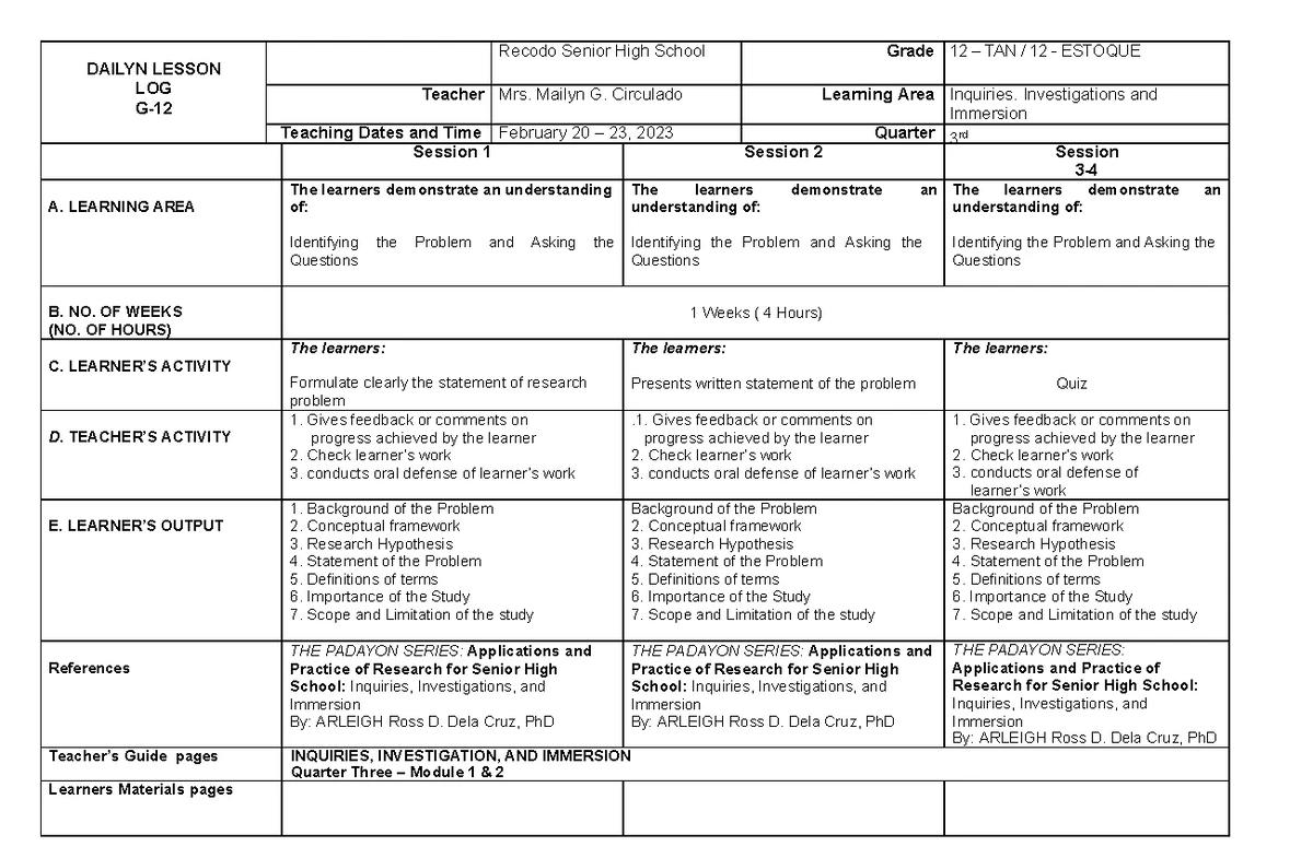 Daily Lesson LOG DLL Template - Based on Annex 2B to DepEd Order No. 42 ...