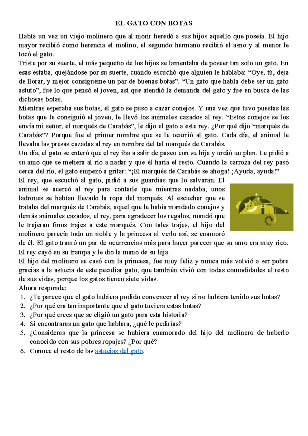 EL GATO CON BOTAS - Cuento y Preguntas de Comprensión - Studocu