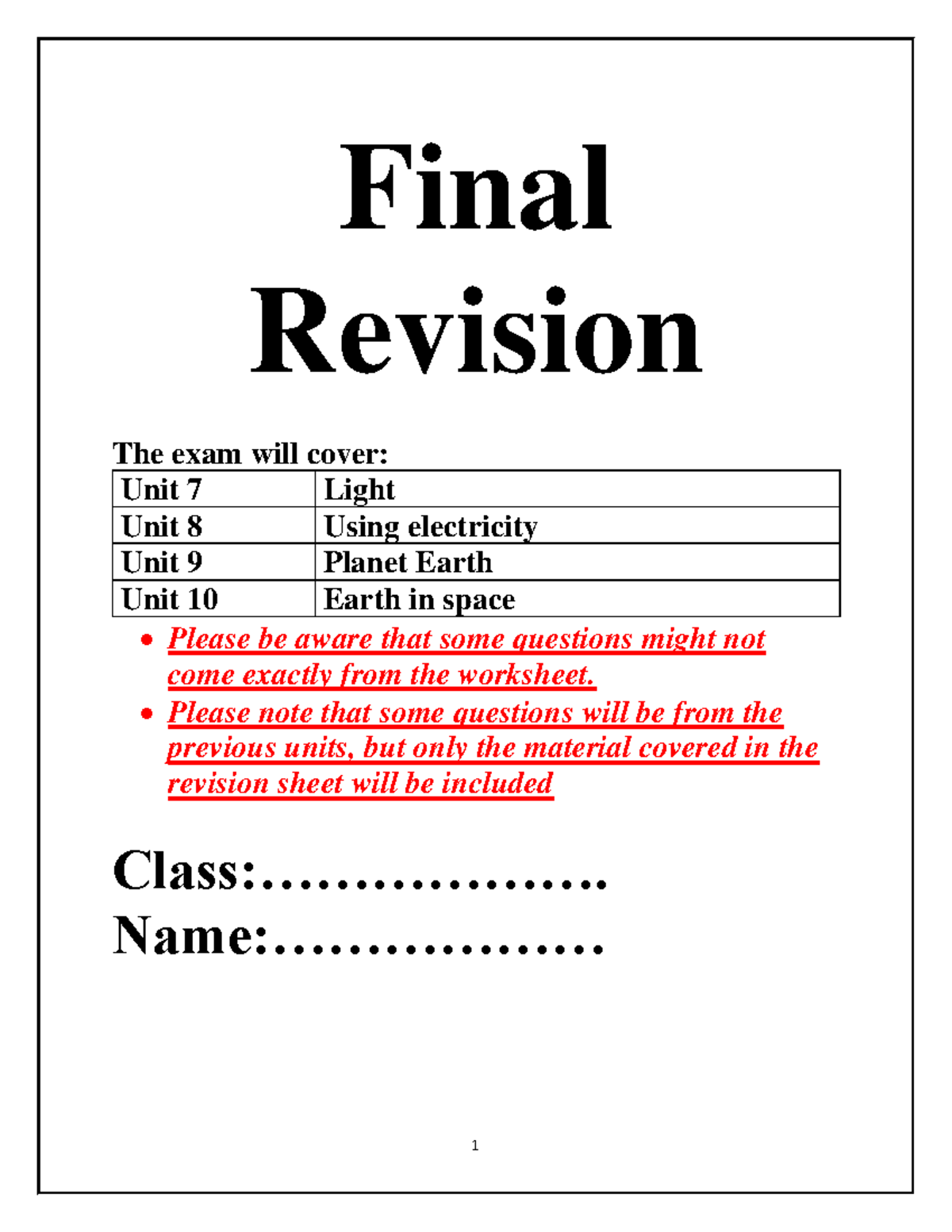 Final Exam Revision Sheet for Science Units 7-10 (Y-G2) - Studocu