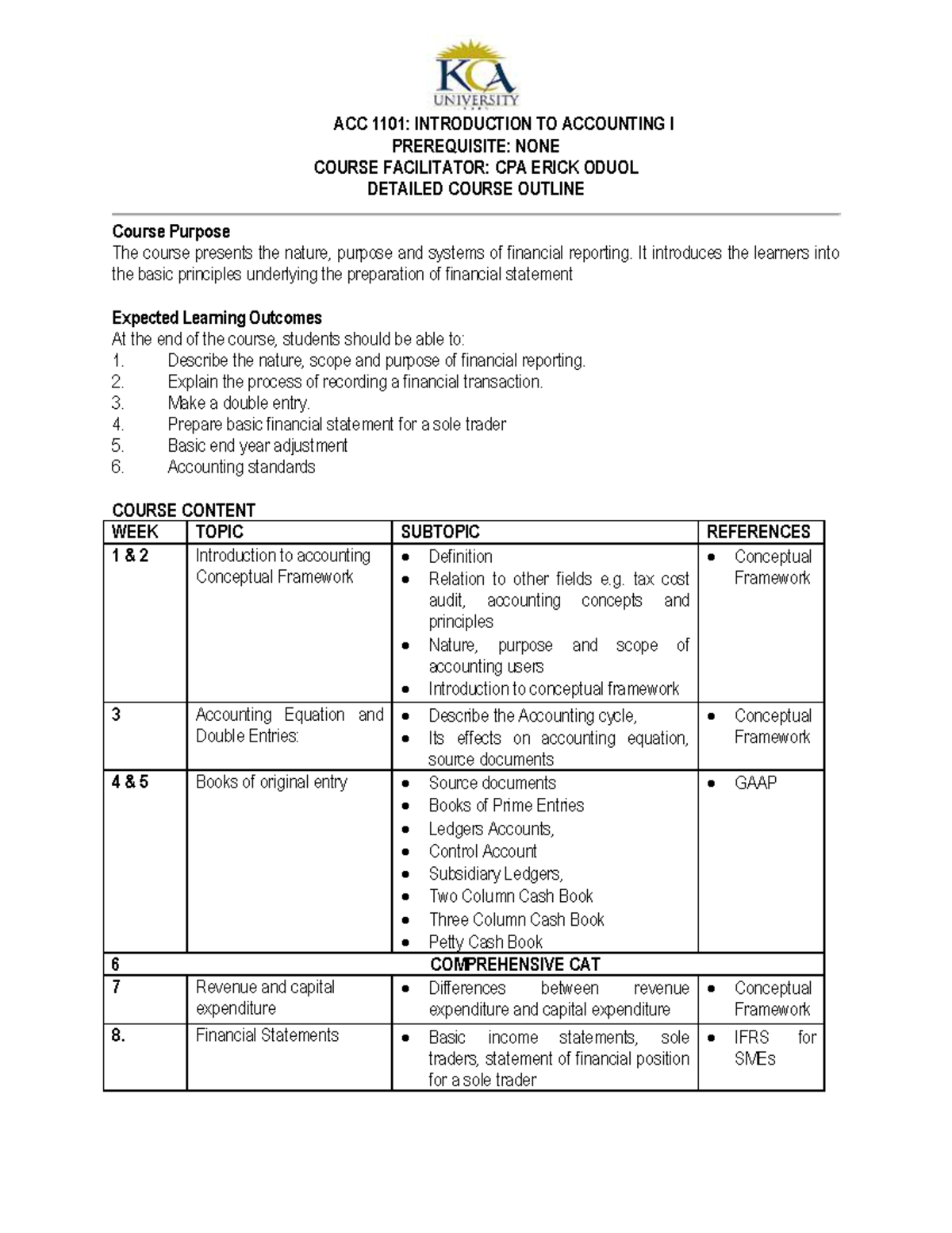 ACC 1101 - Introduction to Accounting I Detailed Course Outline - Studocu