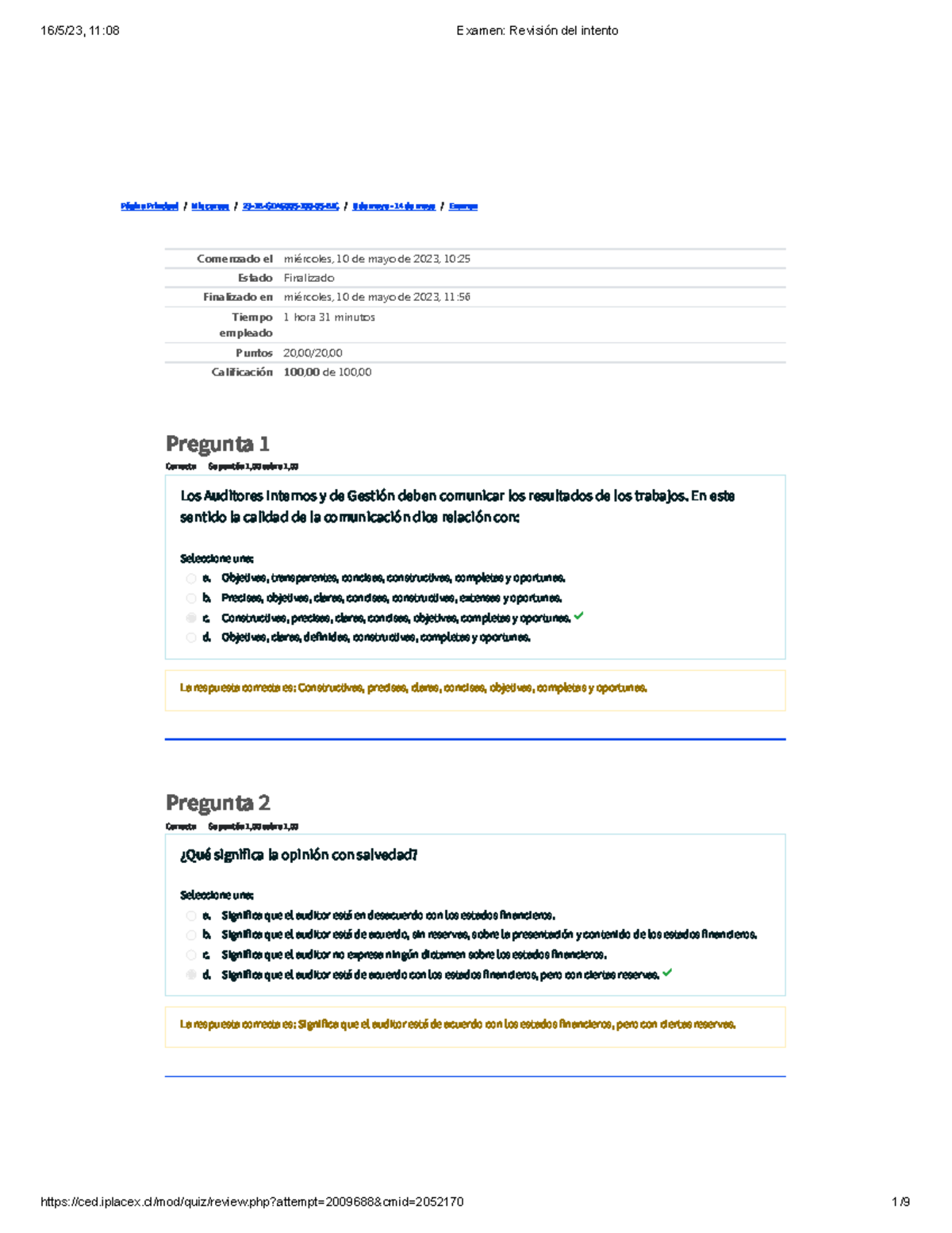 Examen 2 - Gestión de Auditoría 23-1B-GDA6005: Preguntas y Respuestas - Studocu