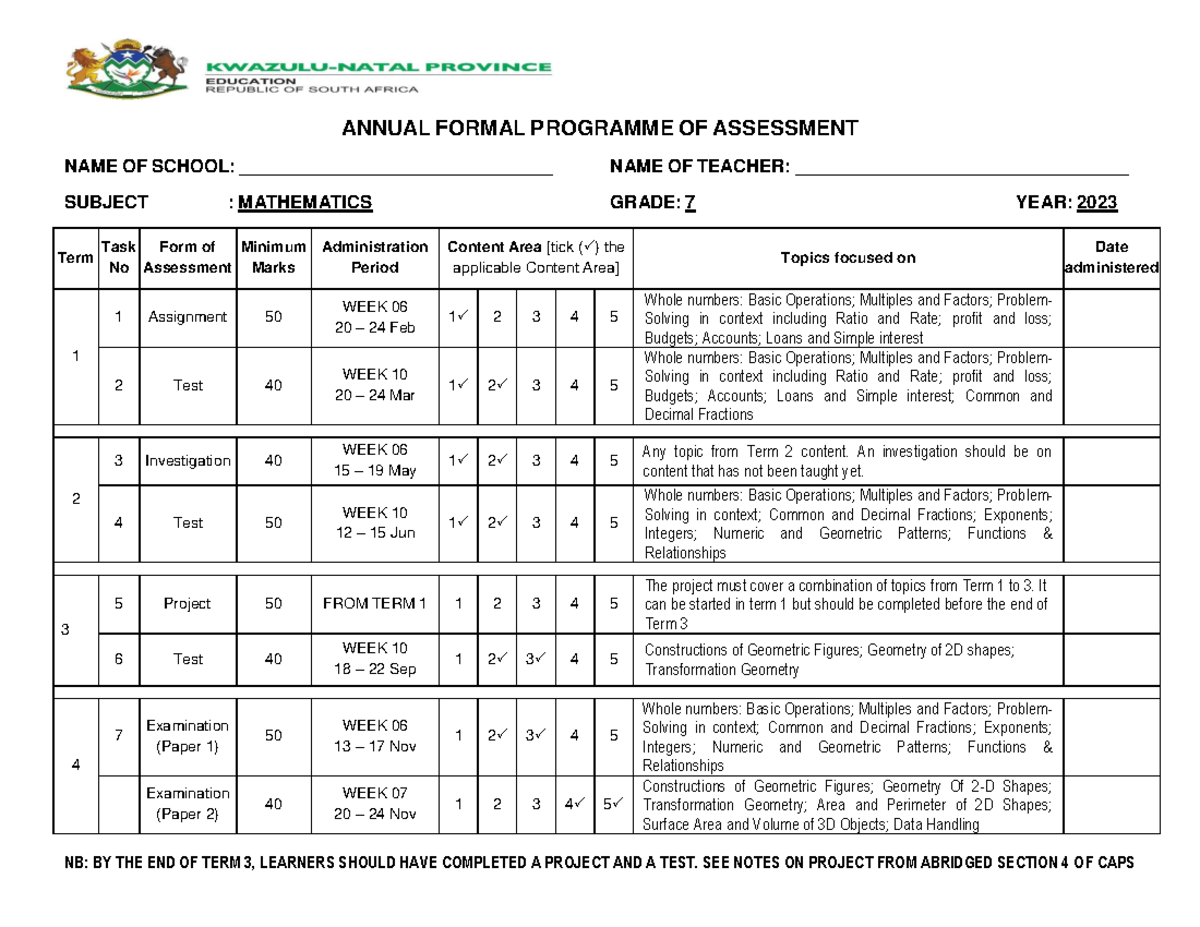 Grade 7 Mathematics POA 2023: Assessment Overview and Breakdown - Studocu