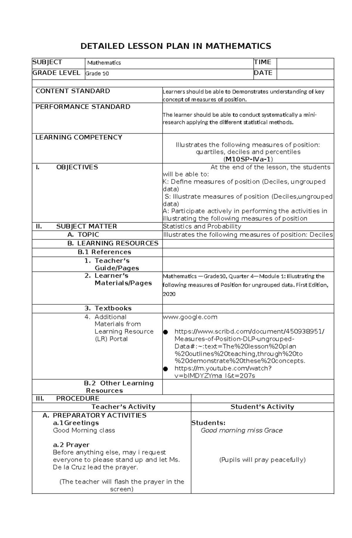 Detailed Lesson Plan: Measures of Position (Deciles) G10 - Studocu