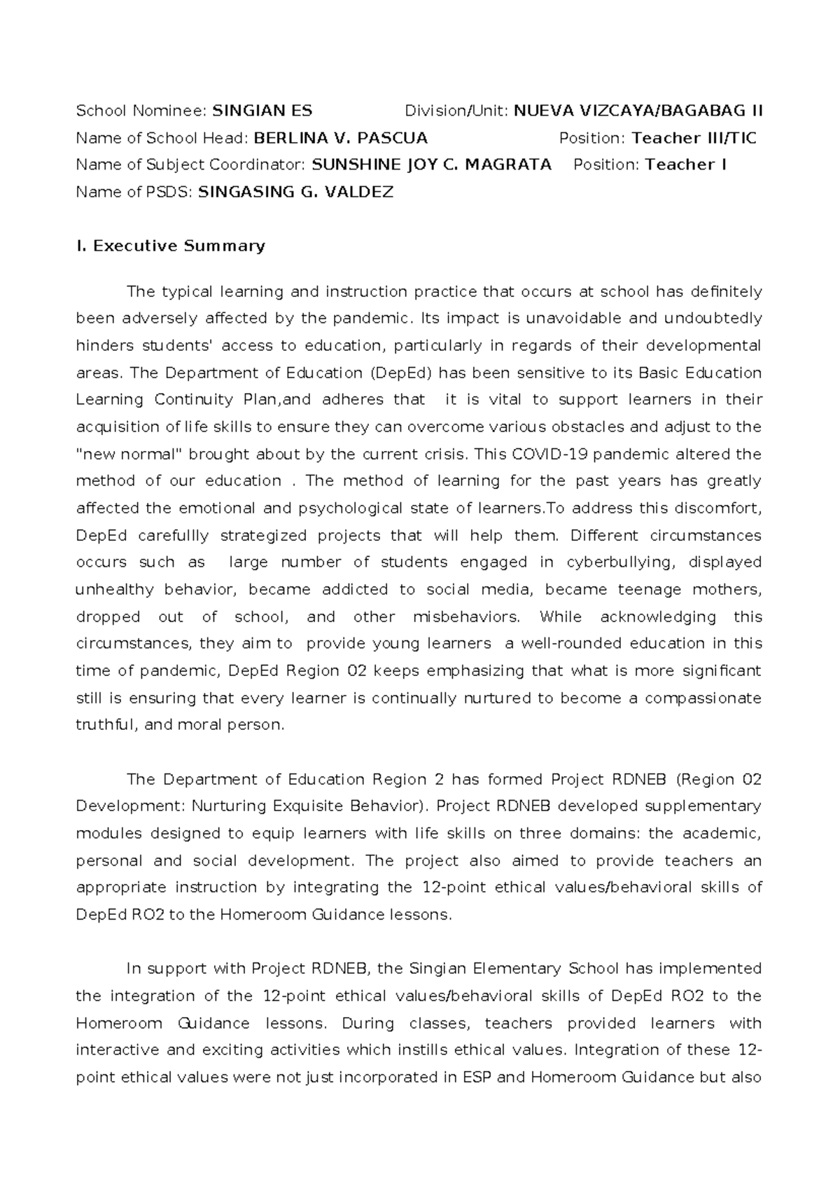 Project RDNEB & RDEL: Nurturing Ethical Values in Education - Studocu