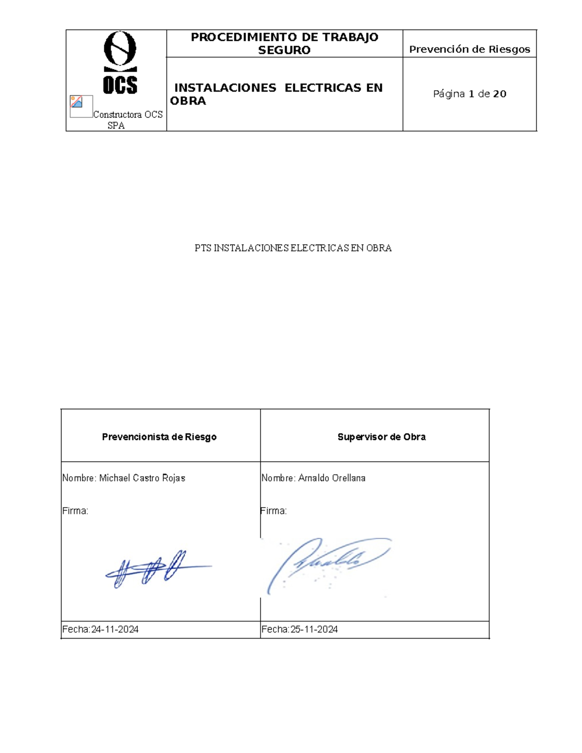 1.1-PTS Electrico - Constructora OCS SPA SEGURO Prevención de Riesgos ...