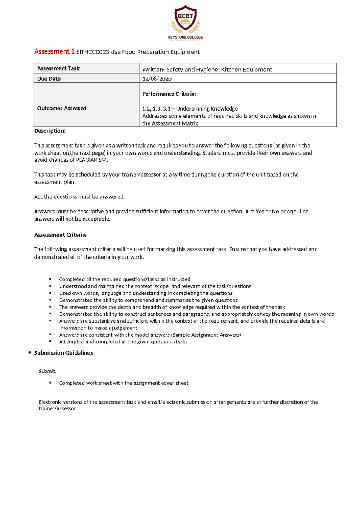 Assessment 1: SITHCCC023 Safety & Hygiene in Kitchen Equipment - Studocu