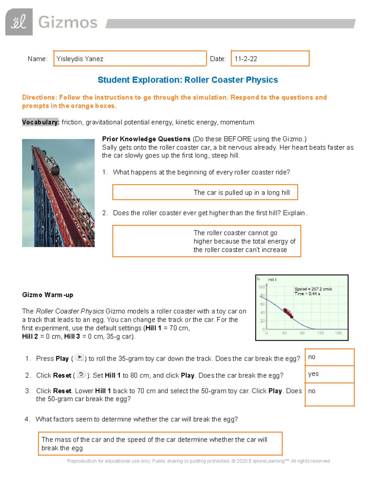 Gizmos Roller Coaster Physics Lab - Student Exploration by Yanez - Studocu