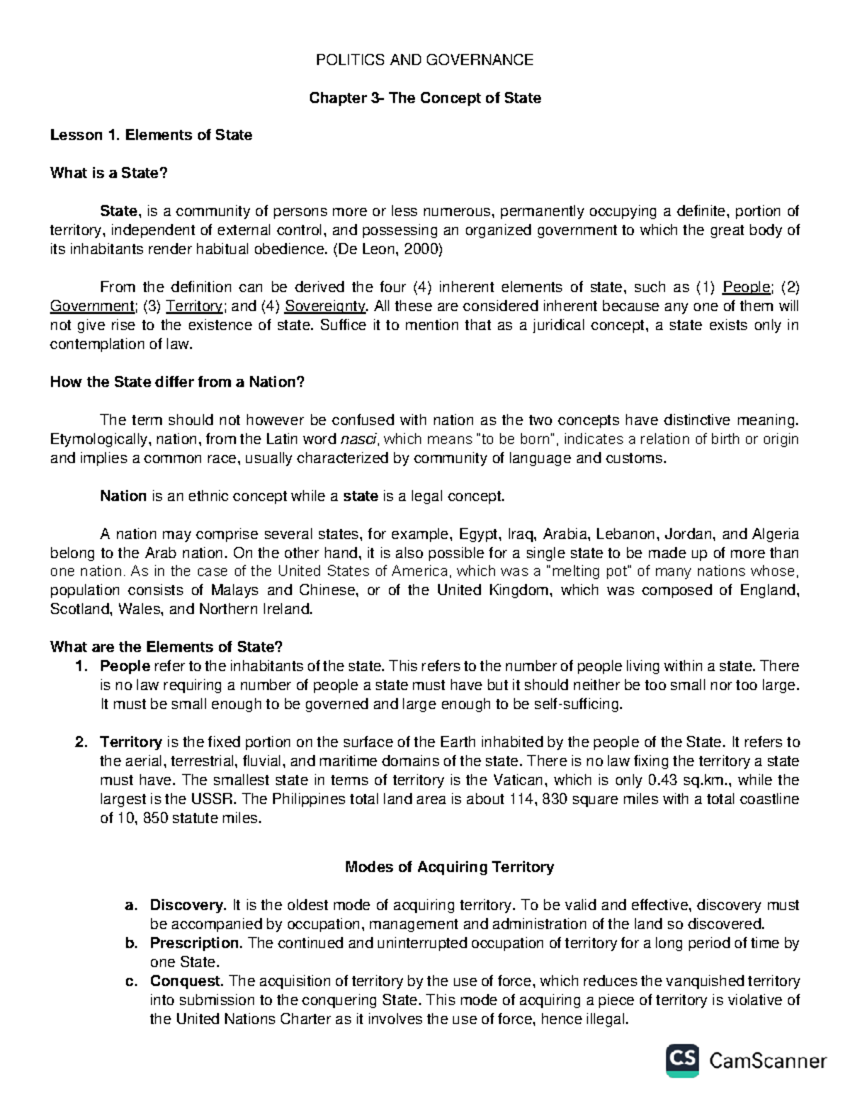 POL101: Chapter 3 - Elements of State: Definition & Concepts - Studocu