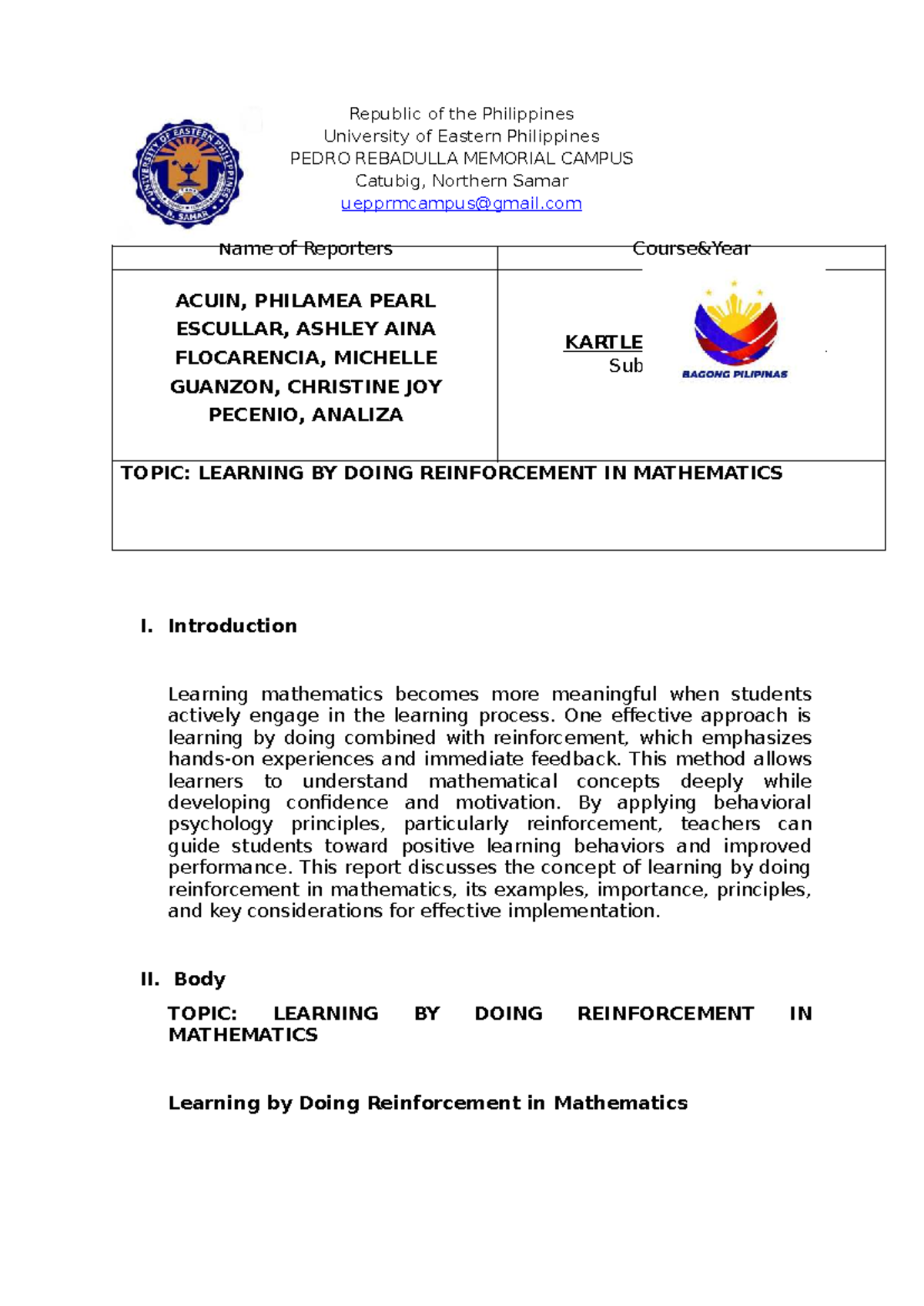 MATH 101 Written Report: Learning Doing Reinforcement in Mathematics ...