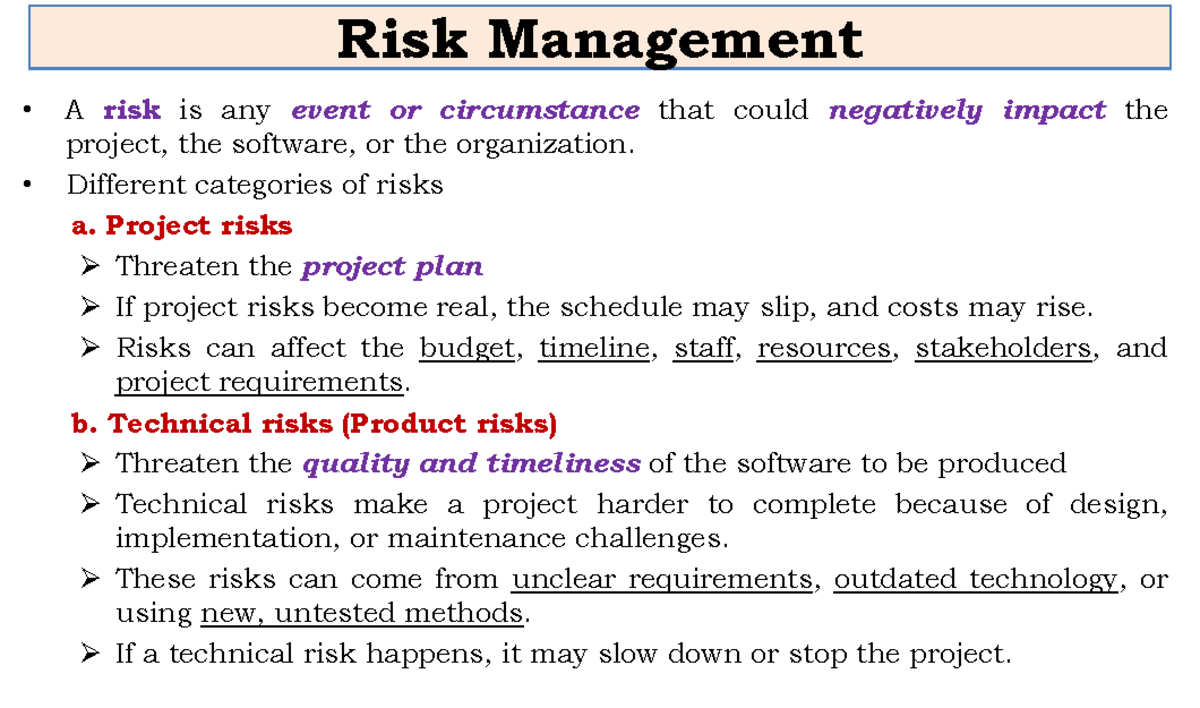 Risk Management RMMM Plan - Risk Management • A risk is any event or ...