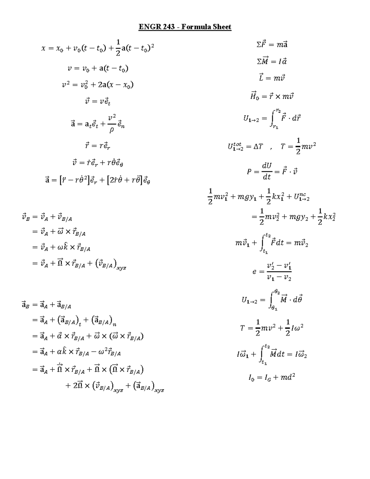 ENGR 243 Summer 2026 Formula Sheet for Physics Concepts - Studocu