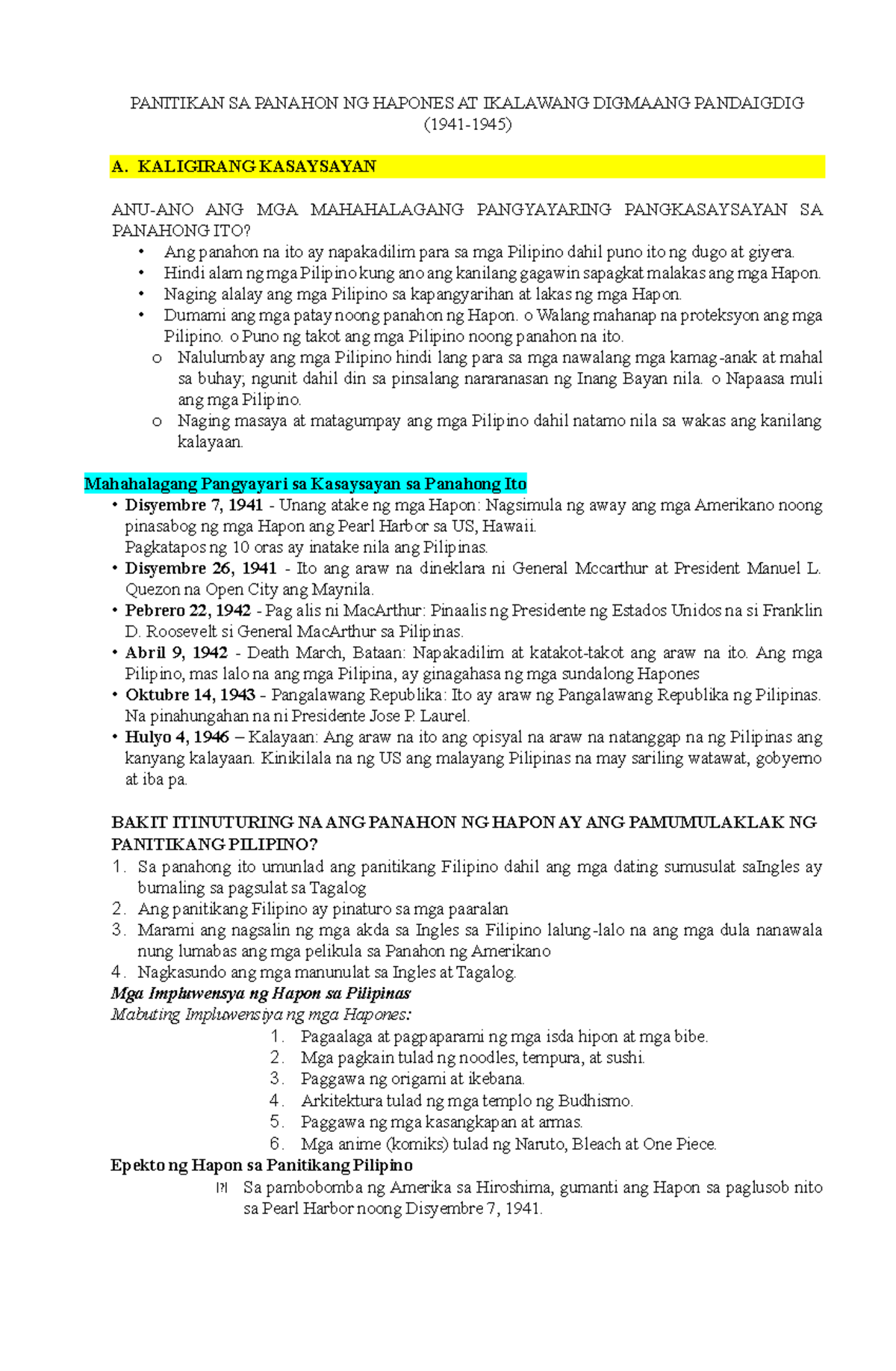 Panitikan sa Panahon ng Hapon 1941-1945: Mahahalagang Kaganapan at ...